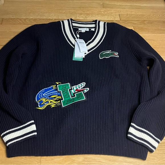 Lacoste | Sweaters | Lacoste Nwt 0 Wool Holiday Comic Badge Striped ...